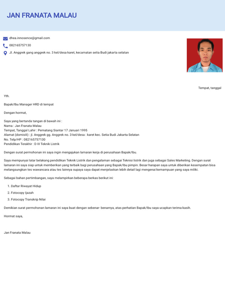 CV - Jan Franata Malau | PDF