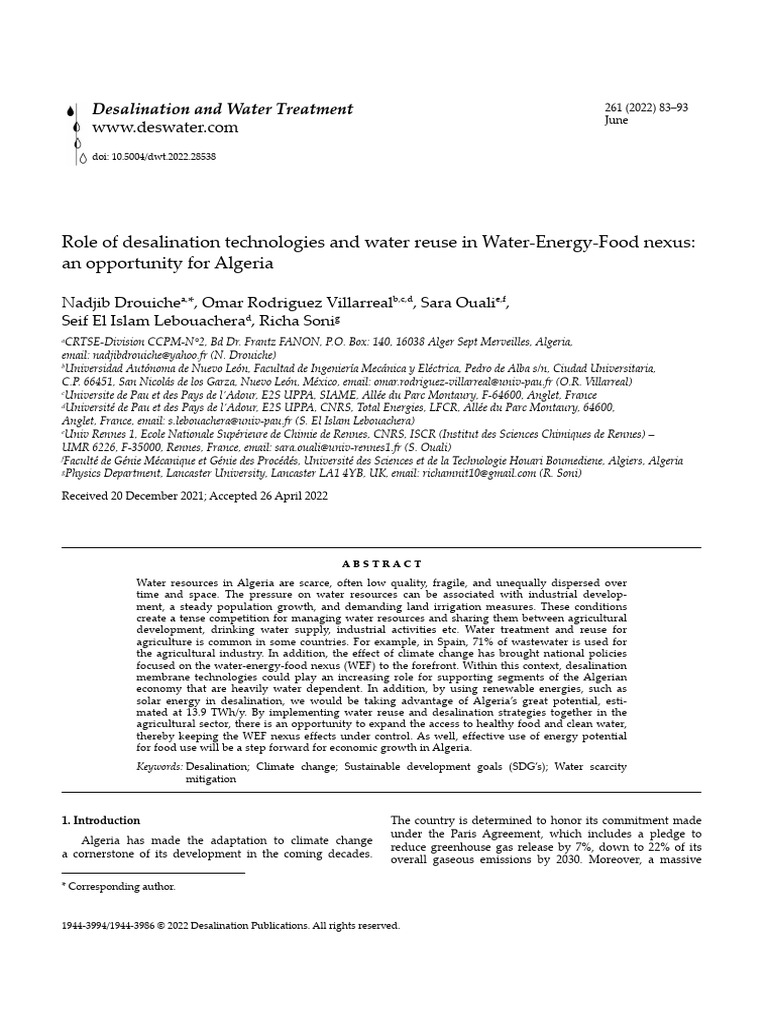 Role of Desalination Technologies and Water Reuse in Water-Energy-Food ...