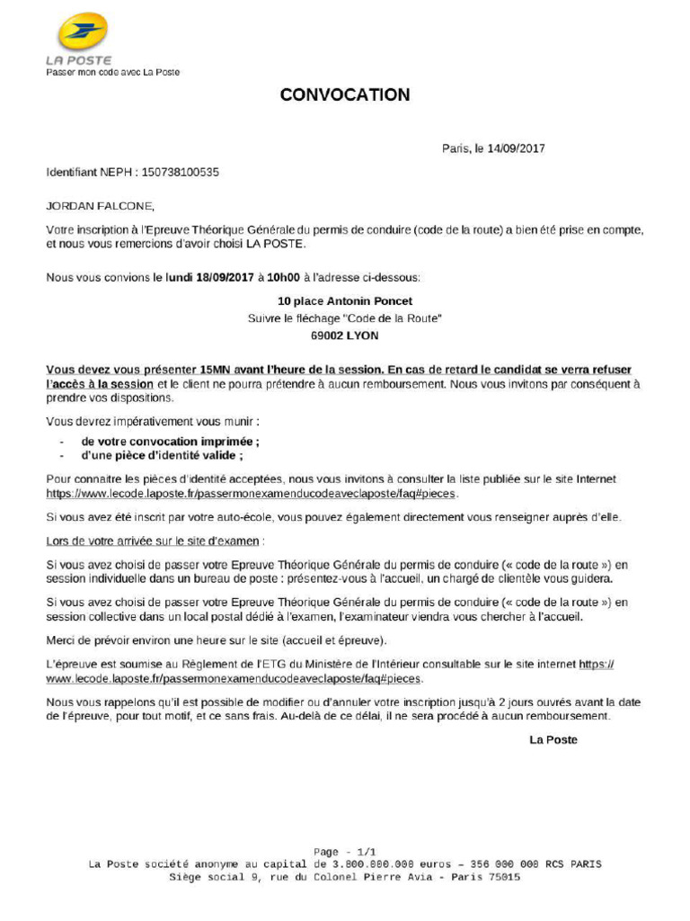 Convocation Examen Conduite | PDF