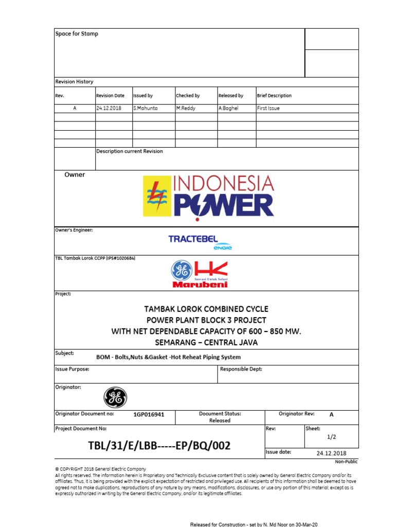 TBL-31-E-LBB - EP-BQ-002-en-A-BOM - Bolts, Nuts &gasket - Hot Reheat Piping System - 01 | PDF