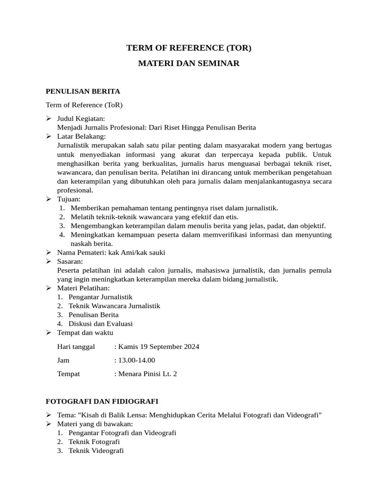 Term of Reference (ToR) Materi Dan Seminar | PDF