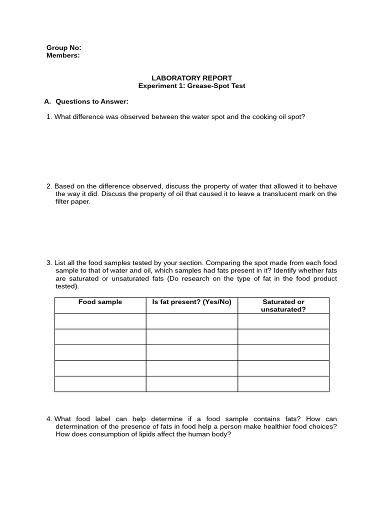 Experiment 1 Grease Spot Test Laboratory Report | PDF