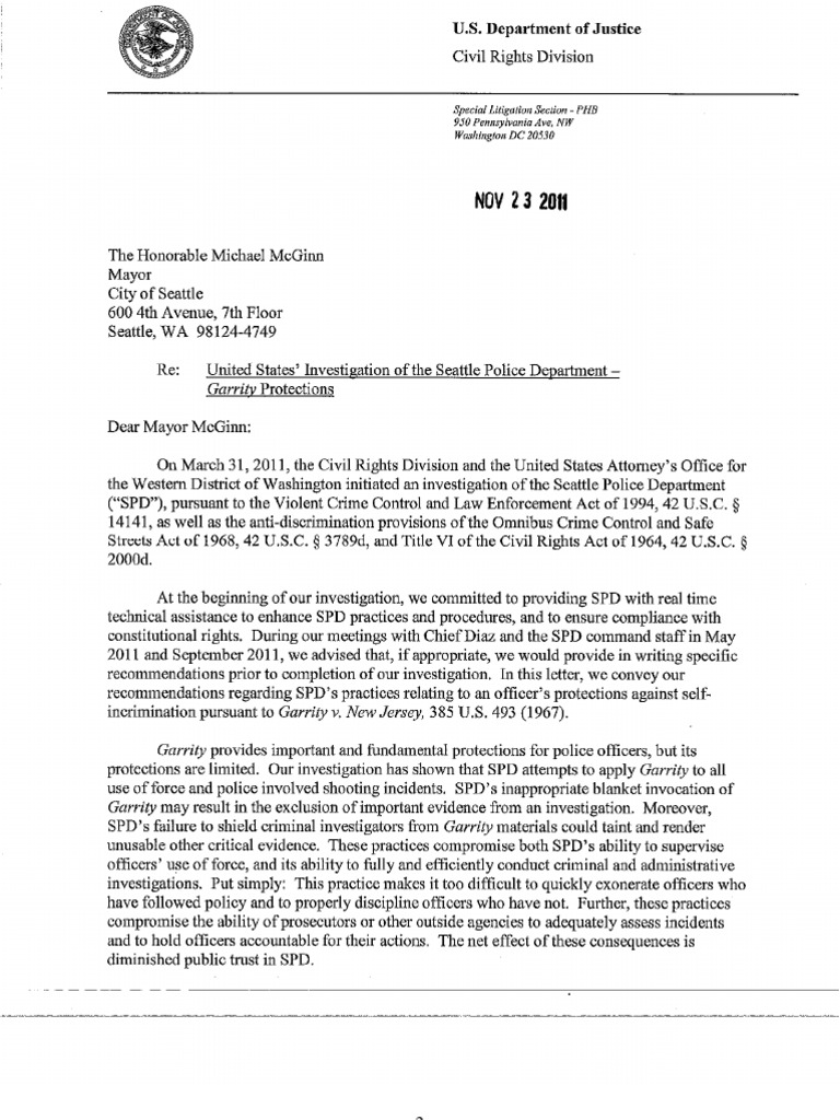 DOJ's Technical Assistance Letter to Seattle Police Dept. on Garrity ...