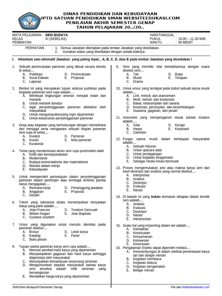 Soal PAT Seni Budaya Kelas XI K13 | PDF