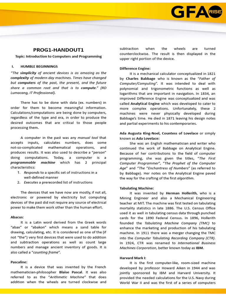 PROG1-Handout 1 | PDF