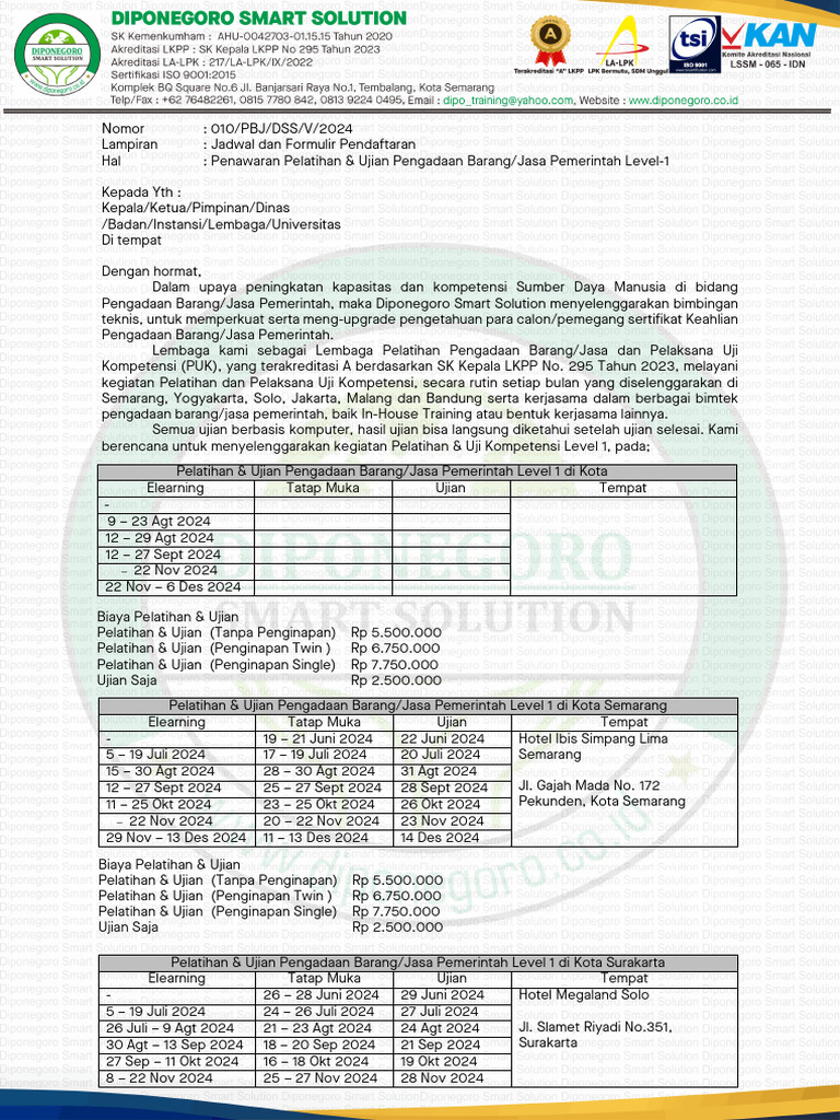 Penawaran Pelatihan Ujian PBJ Level 1 - Pulau Jawa 2024 | PDF