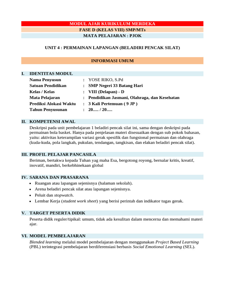 Modul PJOK 8 Unit 4 Pencak Silat | PDF