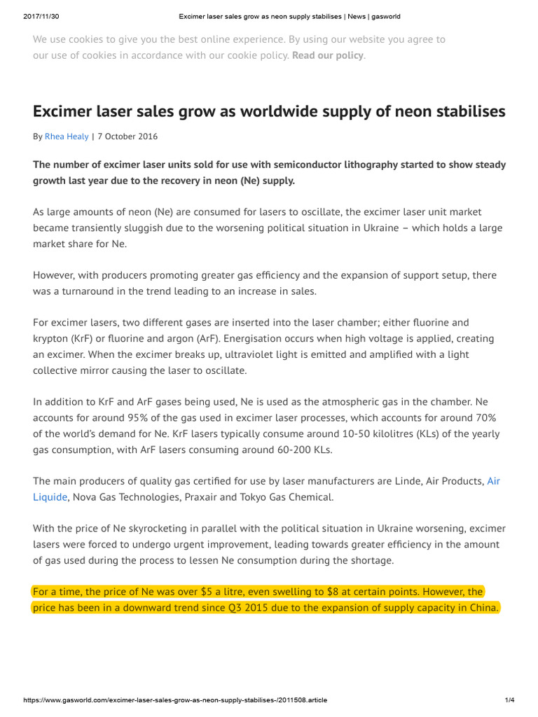 Excimer Laser Sales Grow As Neon Supply Stabilises - News - Gasworld ...