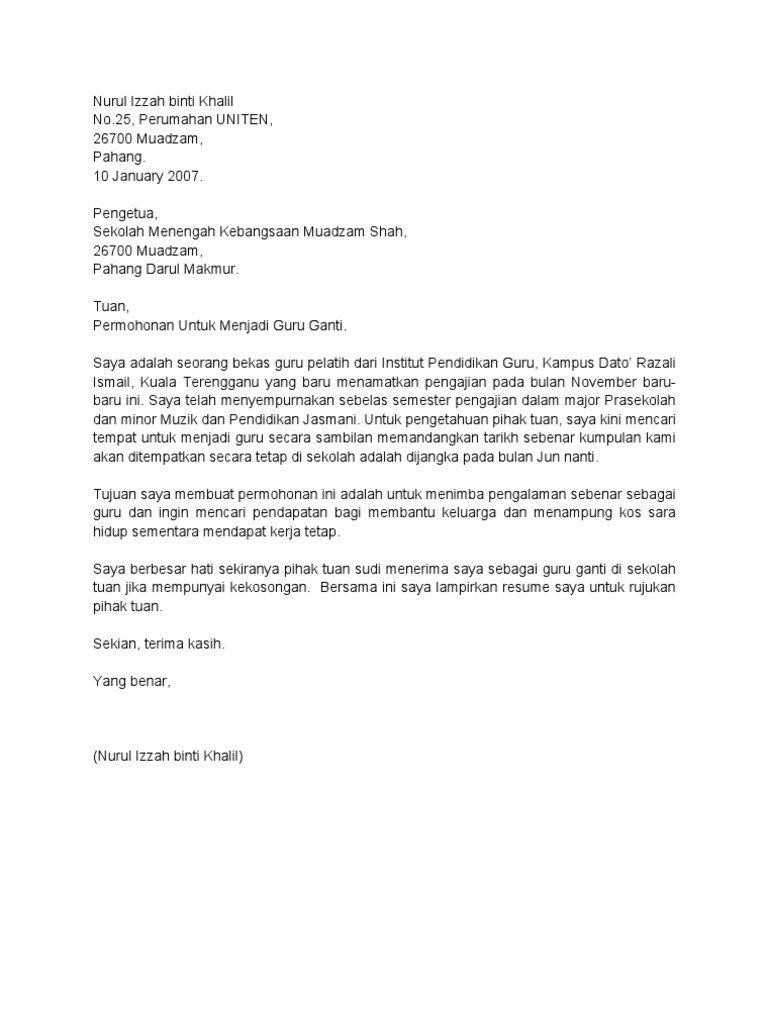 Contoh Cover Letter Guru Ganti | PDF
