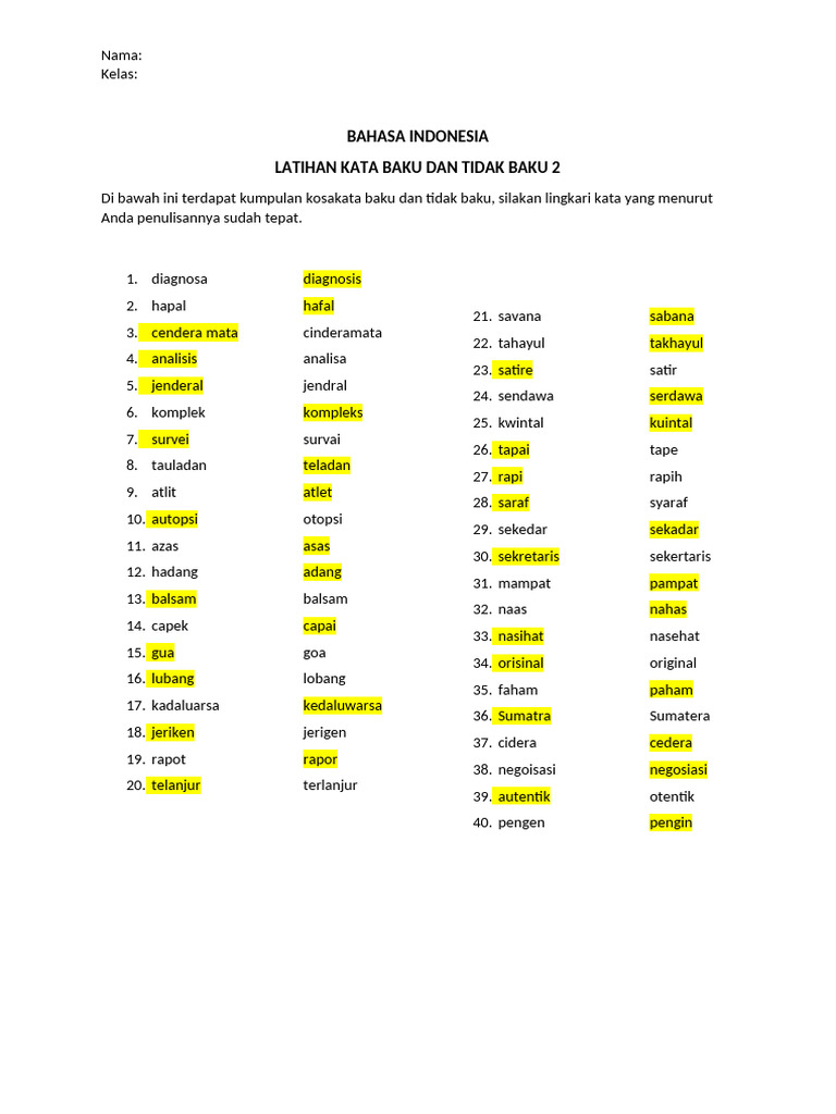 Latihan Kata Baku Dan Tidak Baku 2 | PDF