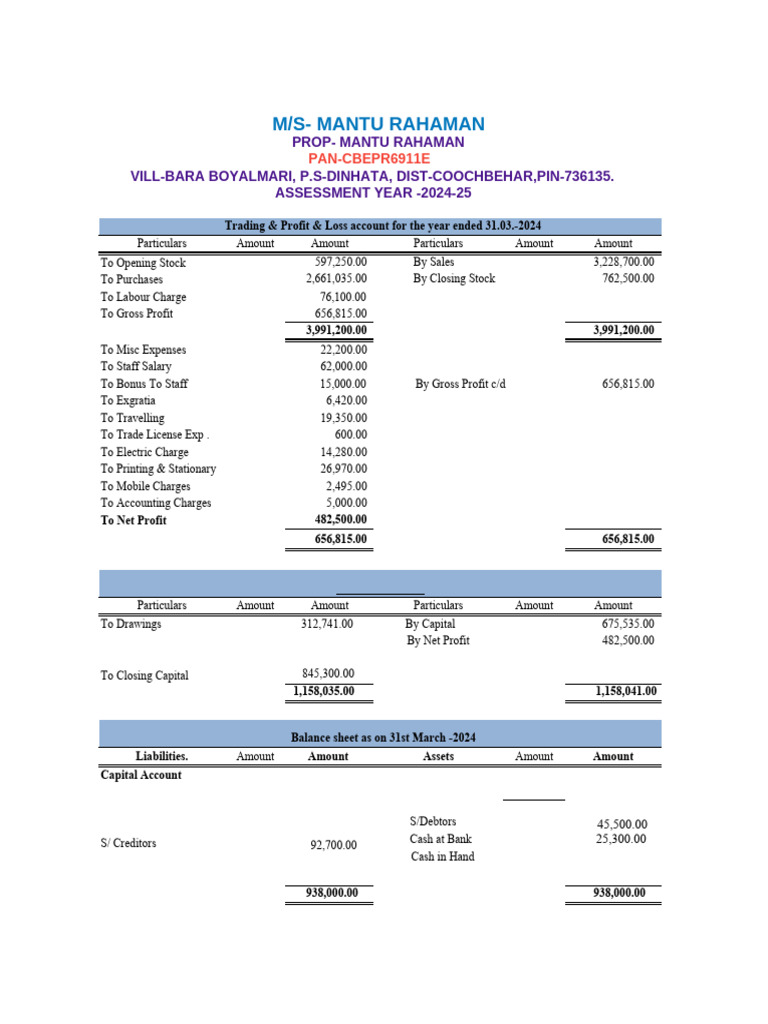 Mantu Rahaman Balance Sheet 2024-25 | PDF | Balance Sheet | Private Sector