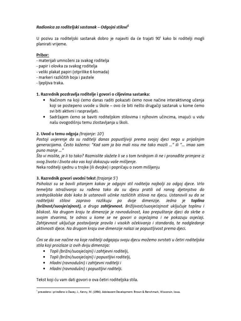 Radionica Za Roditelje: Odgojni Stilovi | PDF