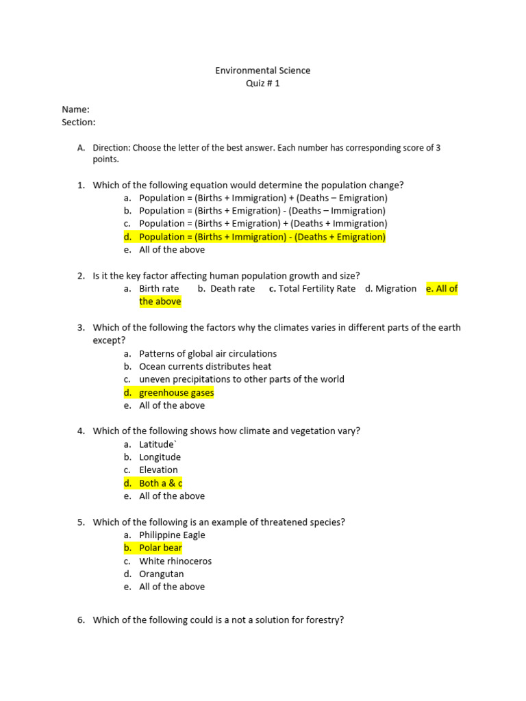 Environmental Science Quiz #1 - Mid Term | PDF