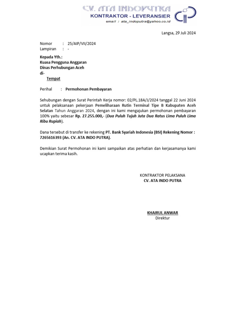 Surat Permohonan Pembayaran 100% | PDF