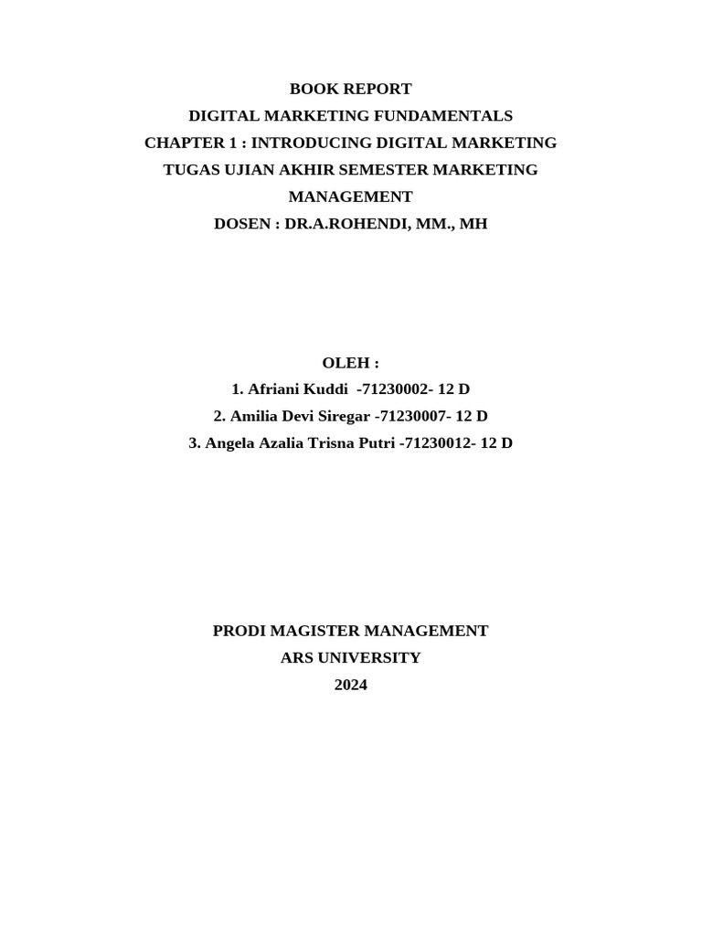 Book Report Chapter I Introducing Digital Marketing Oleh Kelompok I | PDF