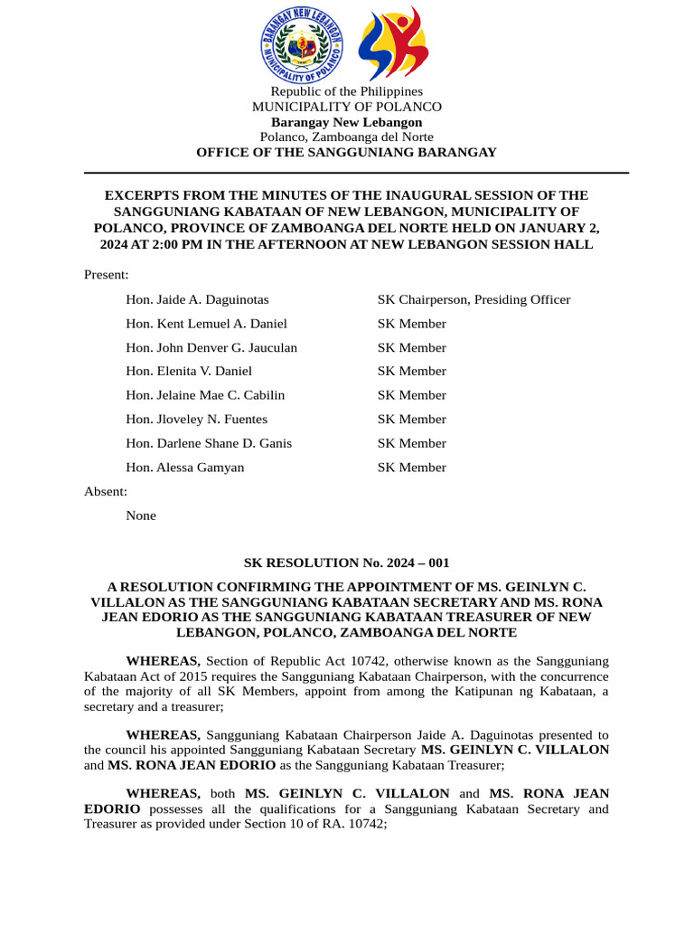 SK Resolution No. 2024 - 001 | PDF