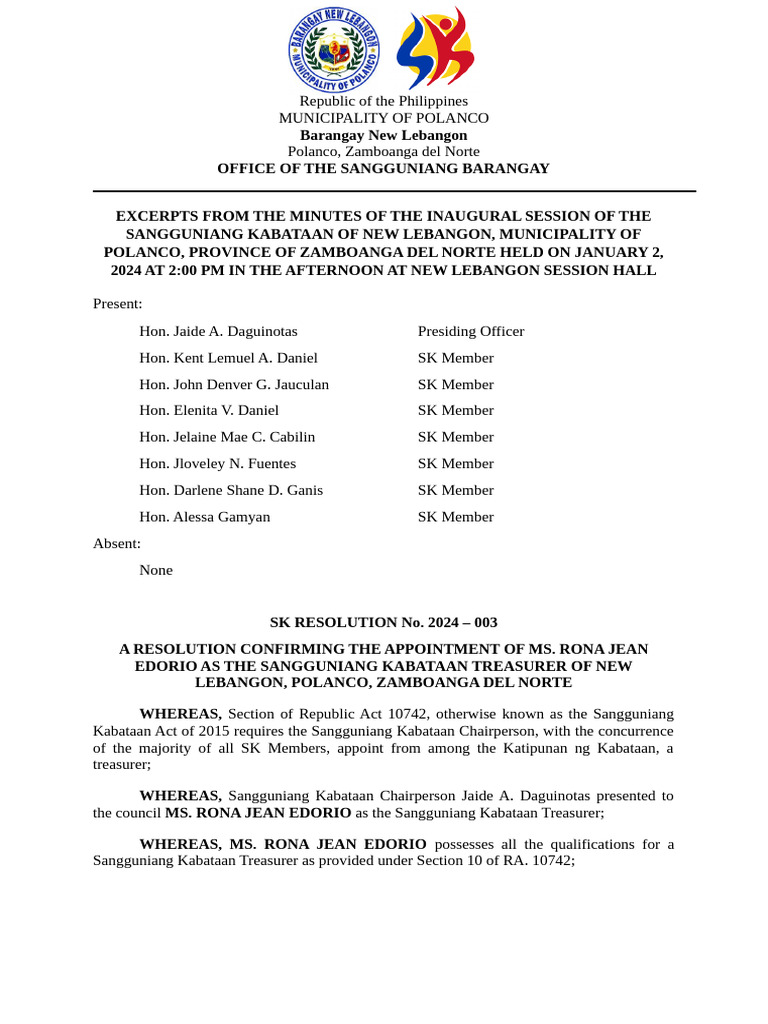 SK Resolution No. 2024 - 003 | PDF