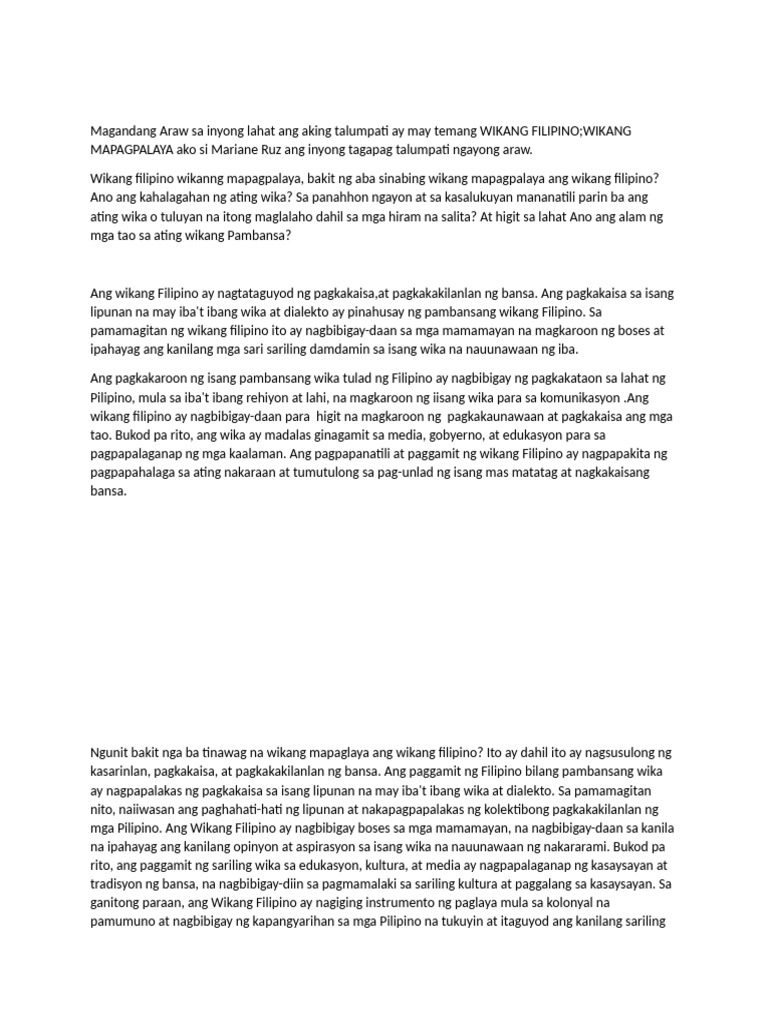 Magandang Araw Sa Inyong Lahat Ang Aking Talumpati Ay May Temang WIKANG FILIPINO | PDF