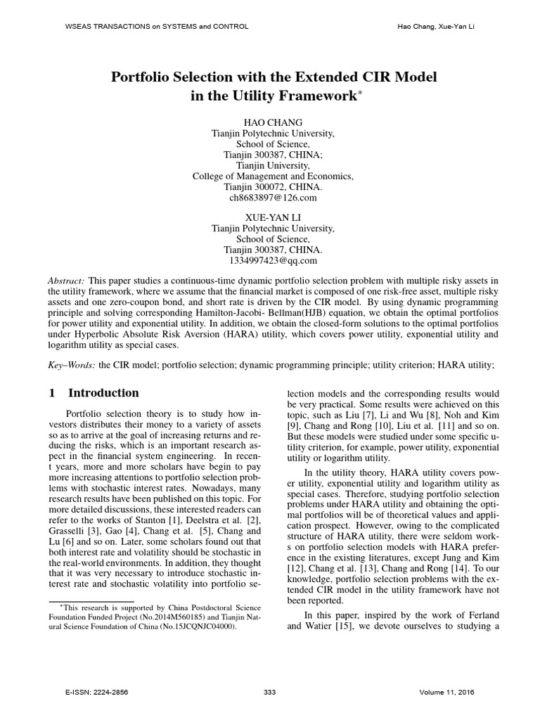 Portfolio Selection With The Extended CIR Model in The Utility Framework | PDF
