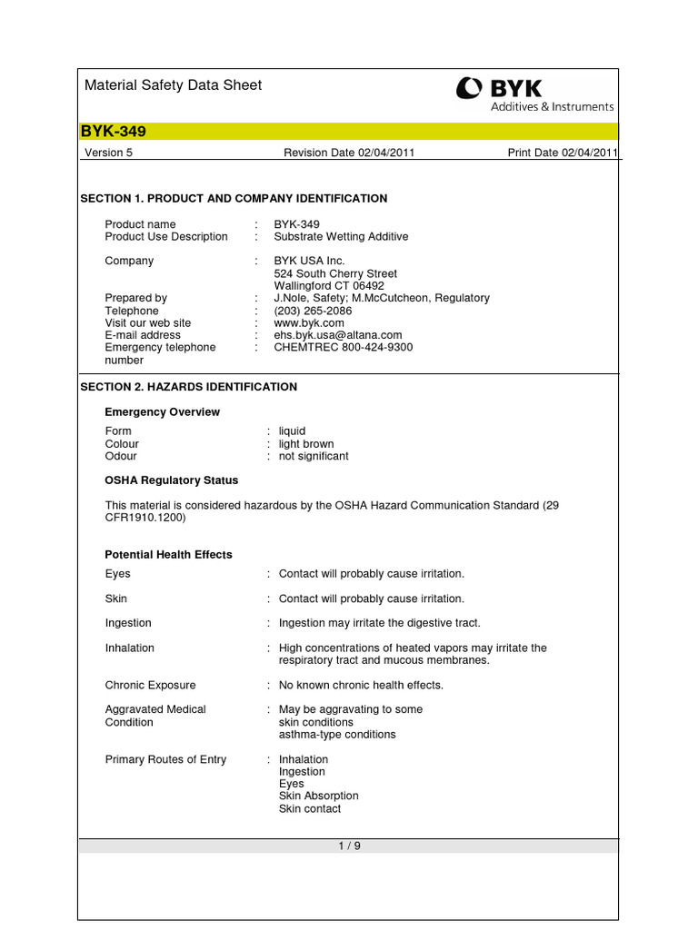 Material Safety Data Sheet: Section 1. Product and Company Identification | PDF