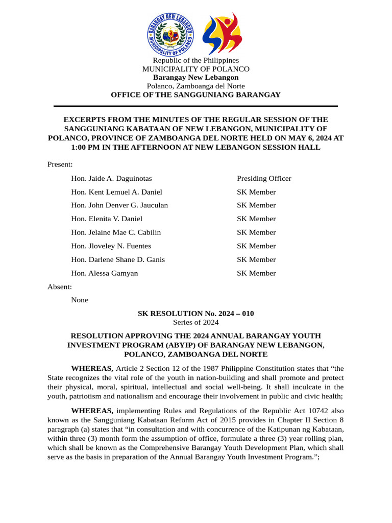 SK Resolution No. 2024 - 010 | PDF