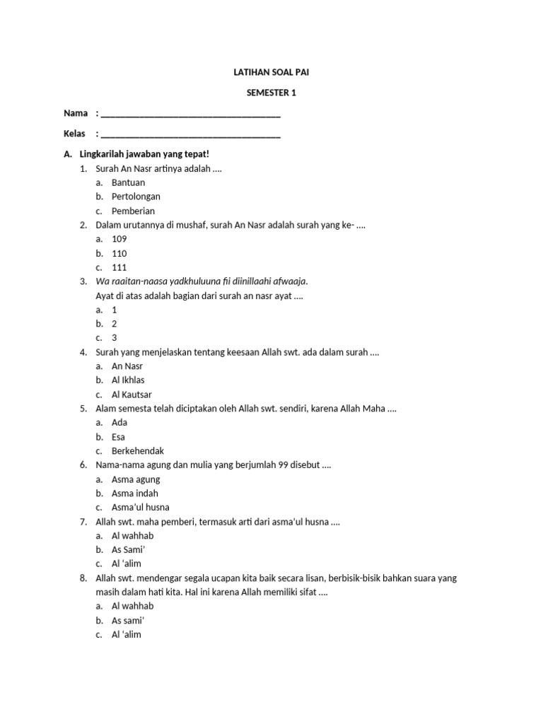 Latihan Soal Pai Sms 1 | PDF
