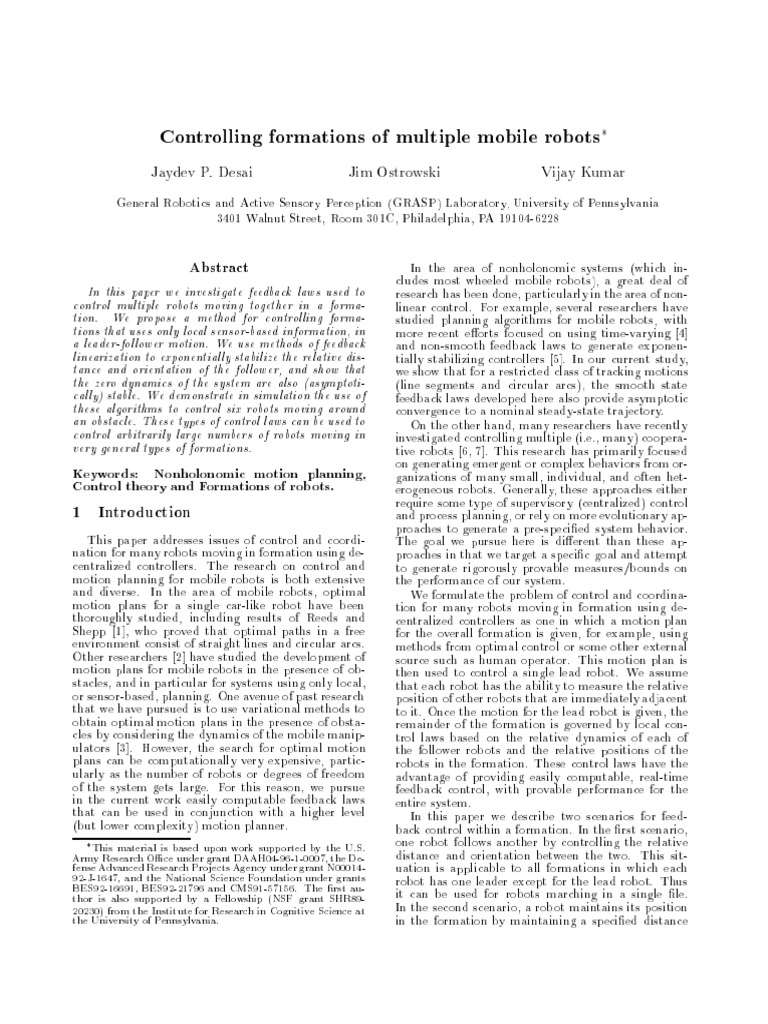 Controlling Formations of Multiple Mobile Robots | PDF