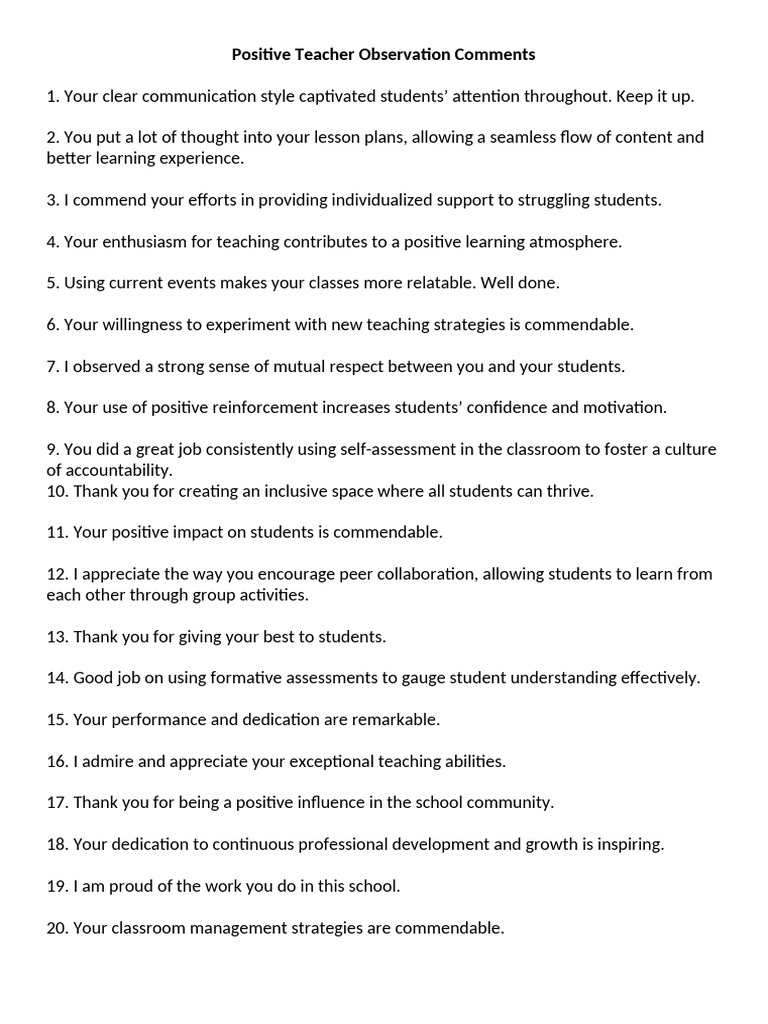 Positive Teacher Observation Comments (COT) | PDF