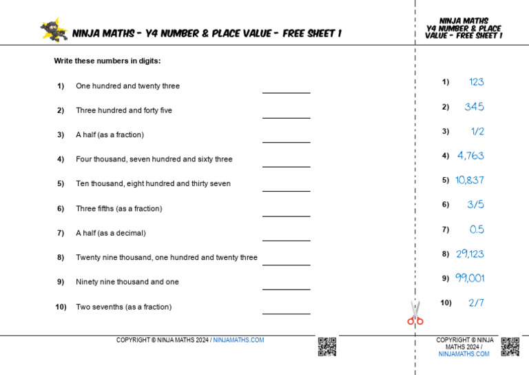 NINJA MATHS Y4 Number Place Value Free Sheet 1 | PDF