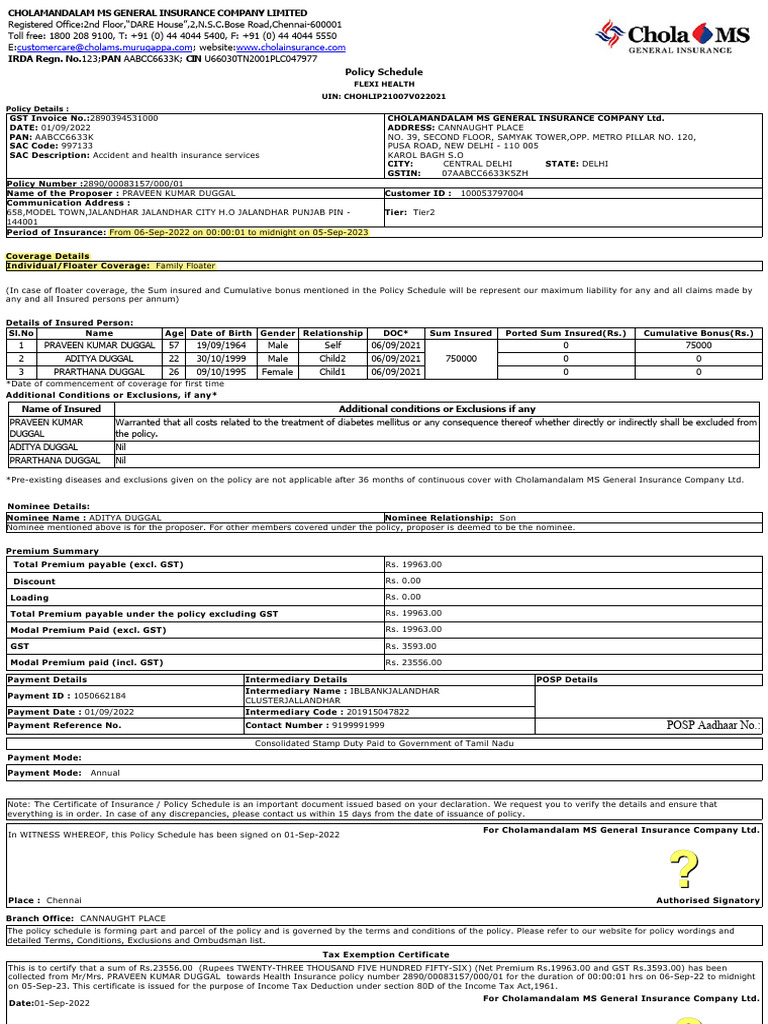Chola MS: Policy Schedule | PDF