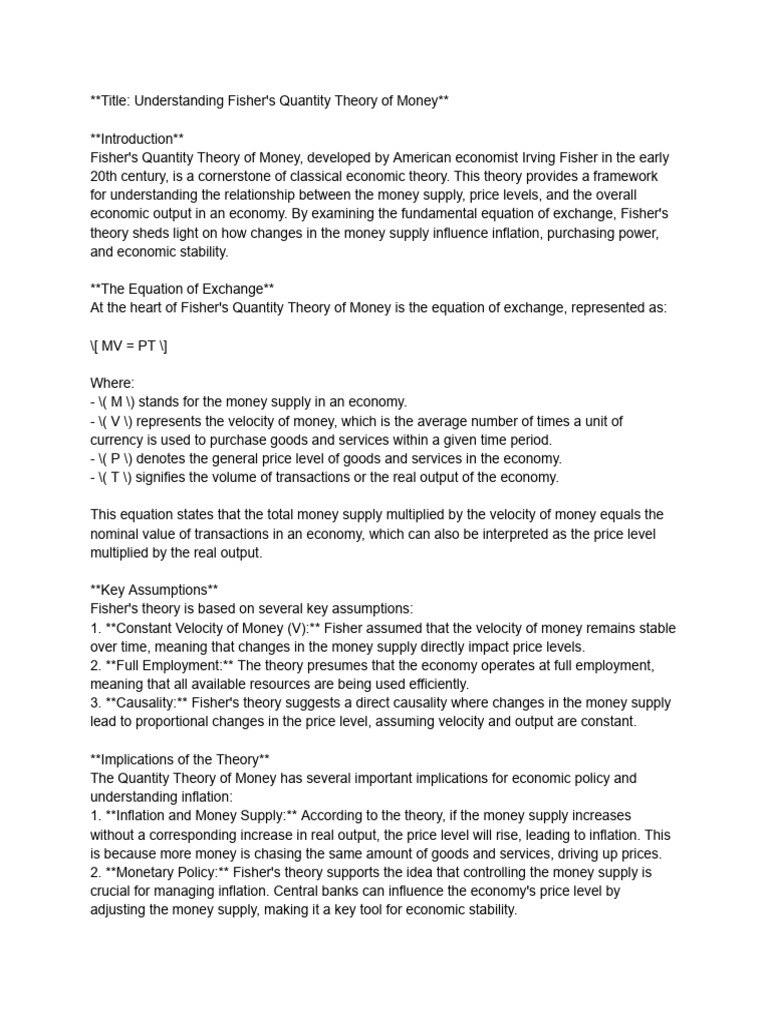 Title - Understanding Fisher's Quantity Theory of Money | PDF