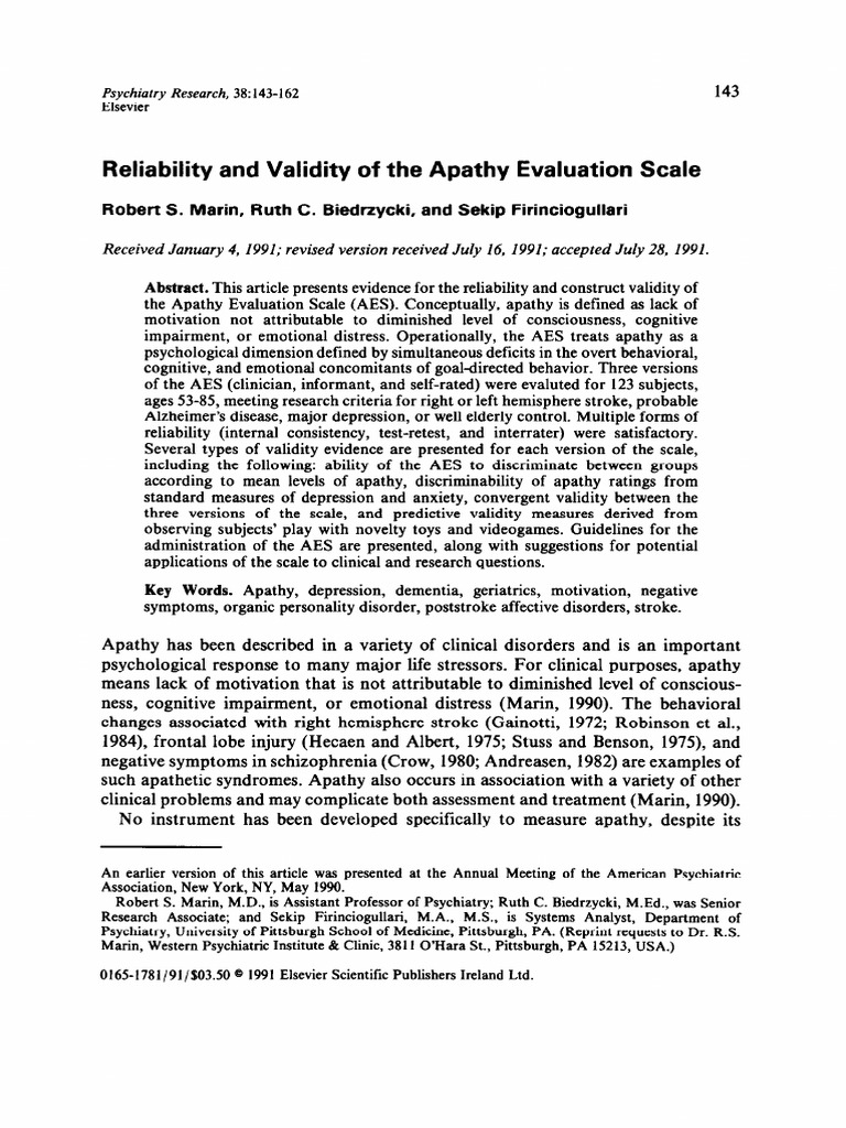 Week 5 Handout - Marin, Biedrzychi & Firinciogullari (1991) - AES Reliability & Validity | PDF