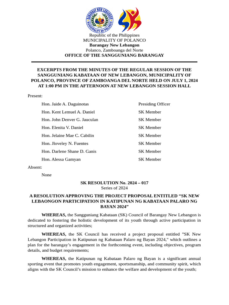 SK RESOLUTION No. 2024 - 017 | PDF