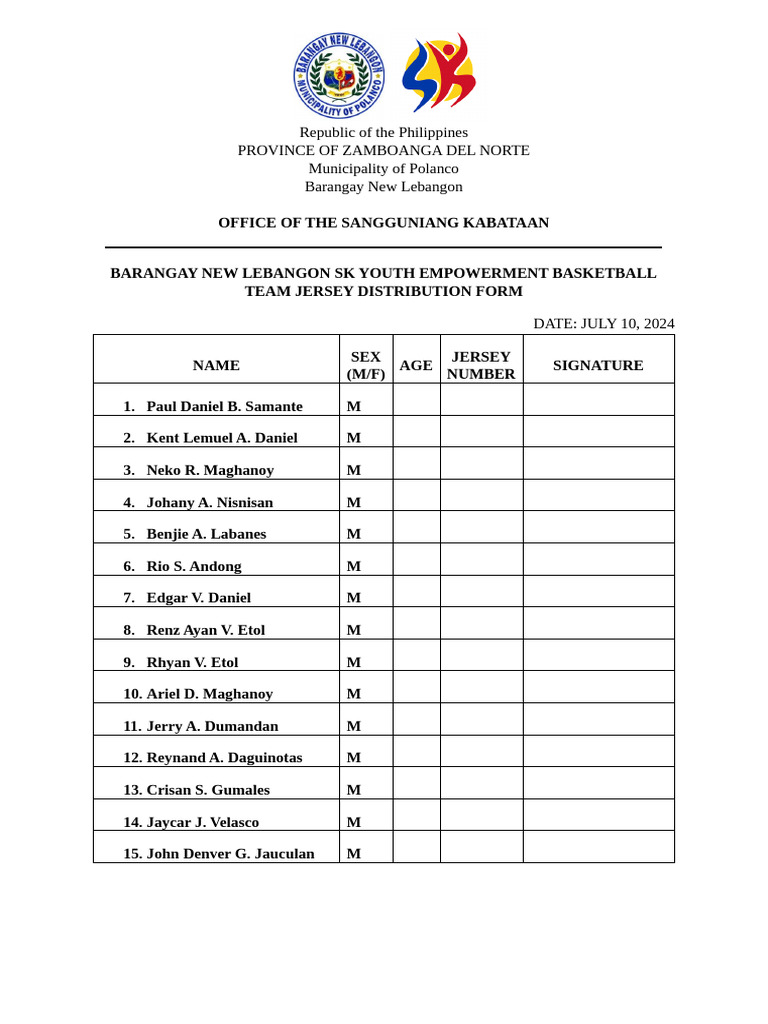 SK Jersey Distribution Form | PDF