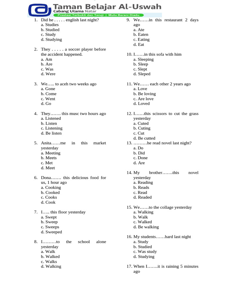 50 Soal Bahasa Inggris Simple Past Tense | PDF