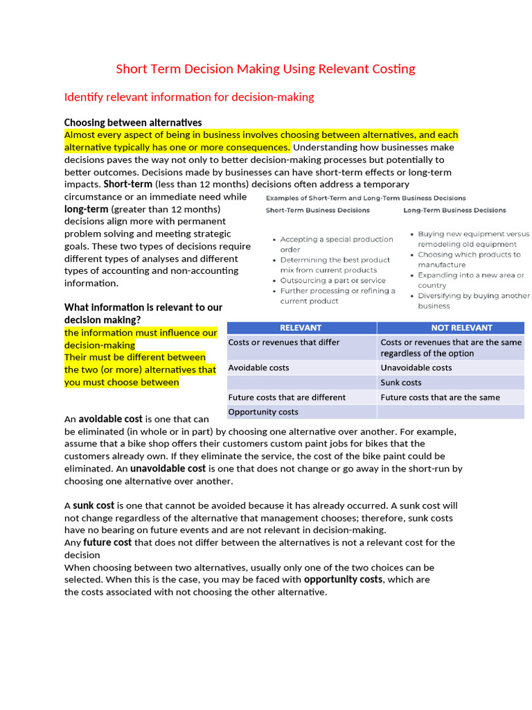 Short Term Decision Making Using Relevant Costing | PDF