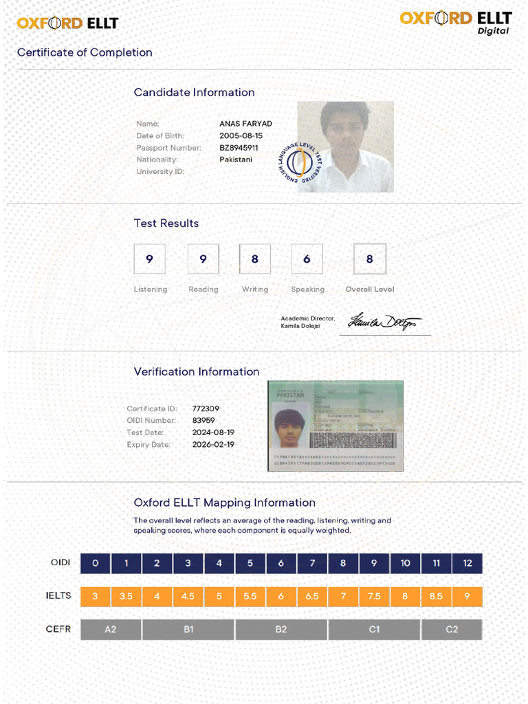 Oxford Ellt Certificate Anas Faryad 772309 | PDF