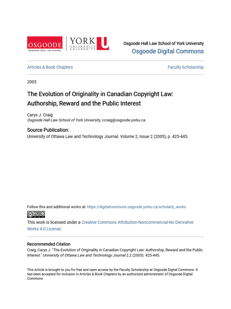 The Evolution of Originality in Canadian Copyright Law - Authorshi | PDF