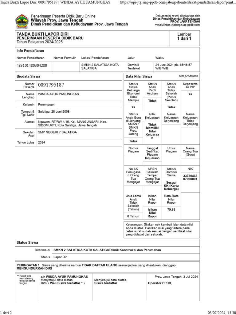 Tanda Bukti Lapor Diri - 0091795187 - Winda Ayuk Pamungkas | PDF