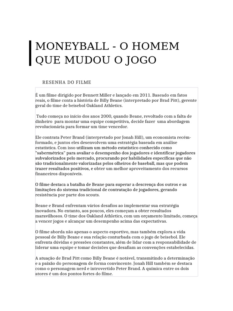 Moneyball - O Homem Que Mudou o Jogo | PDF