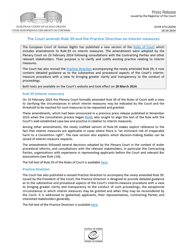 Amendments to Rule 39 of the Rules of the Court and the Practice Direction on Interim Measures | PDF