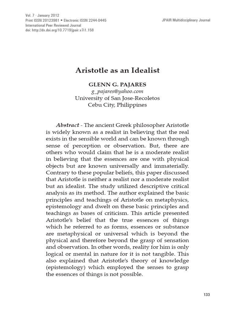 Aristotle As An Idealist | PDF | Philosophical Realism | Philosophy
