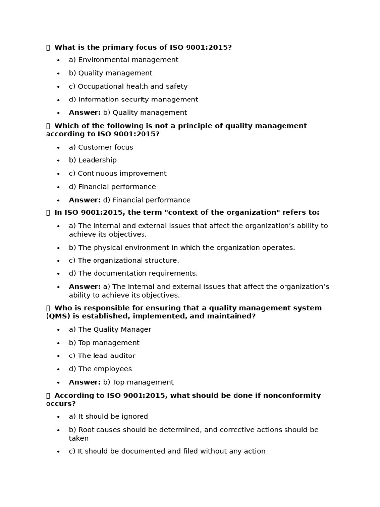 ISO 9001:2015 Exam Questions & Answers | PDF | Iso 9000 | Quality ...