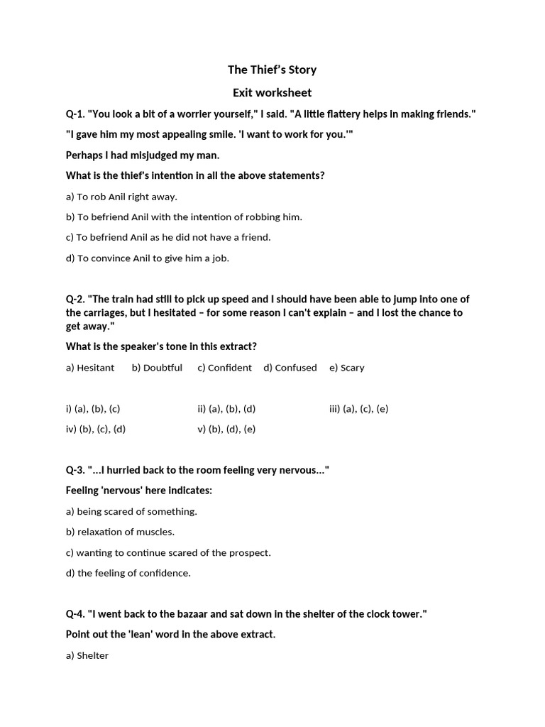 Exit Worksheet - Class 10 - The Thief's Story | PDF