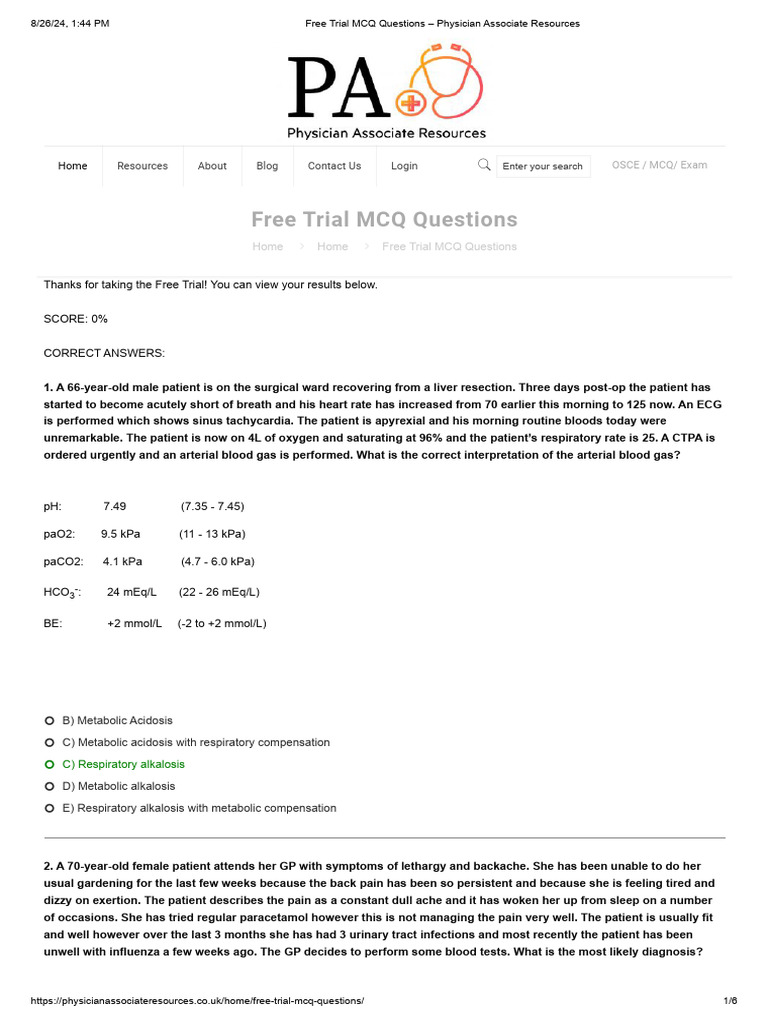 Free Trial MCQ Questions - Physician Associate Resources | PDF