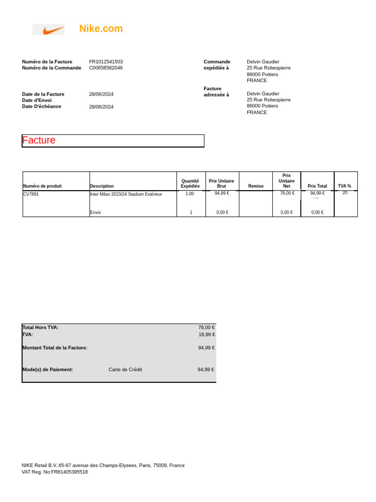 Facture Nike Modifiable SCAM | PDF