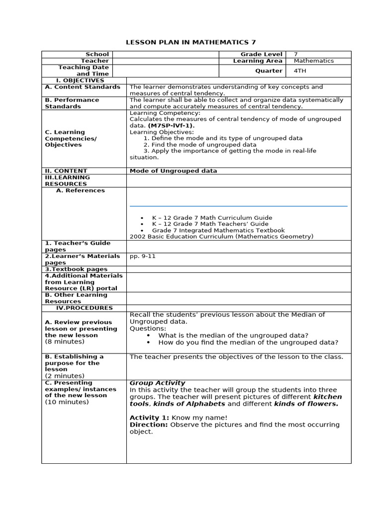 LESSON PLAN MATH 7_052746 | PDF