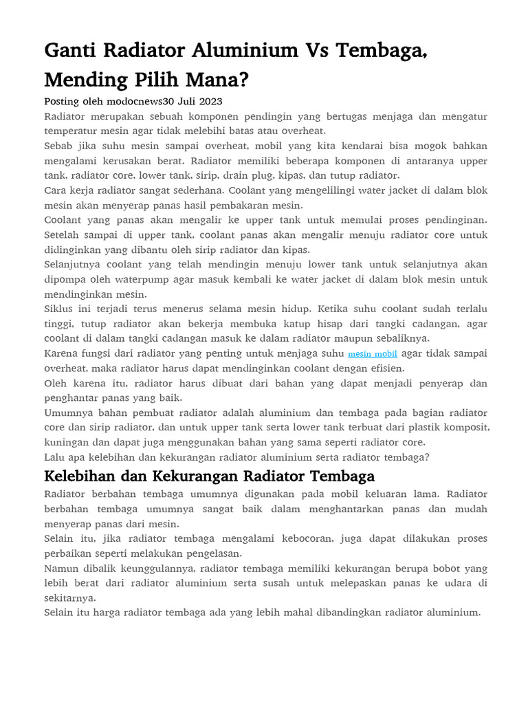 Ganti Radiator Aluminium Vs Tembaga | PDF