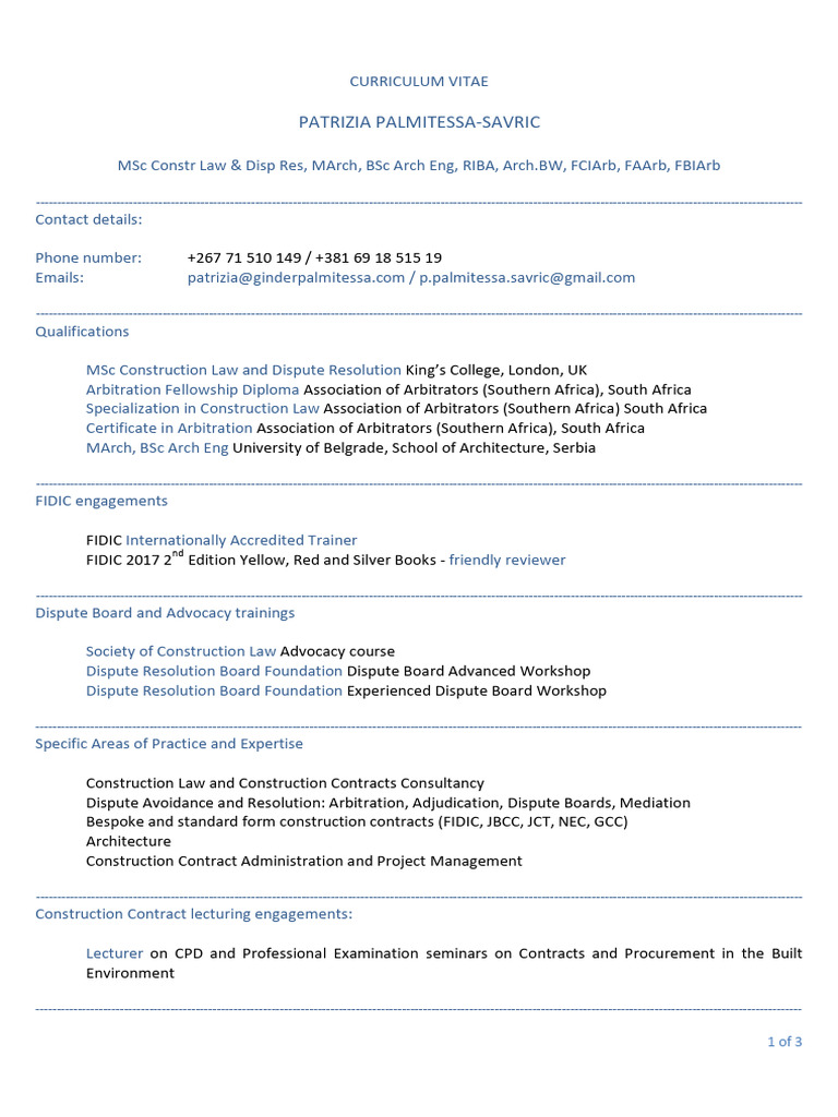 Patrizia Palmitessa Savric Brief CV FIDIC | PDF Patrizia Palmitessa Savric Brief CV FIDIC | PDF