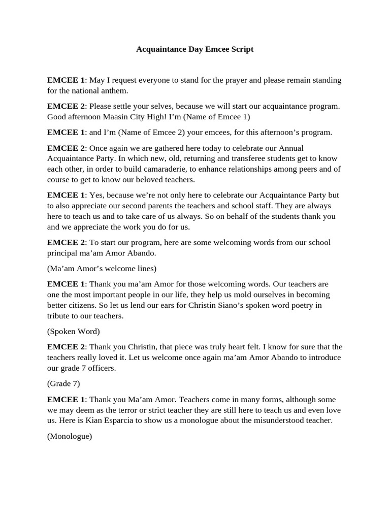 1 Acquaintance Day Emcee Script | PDF